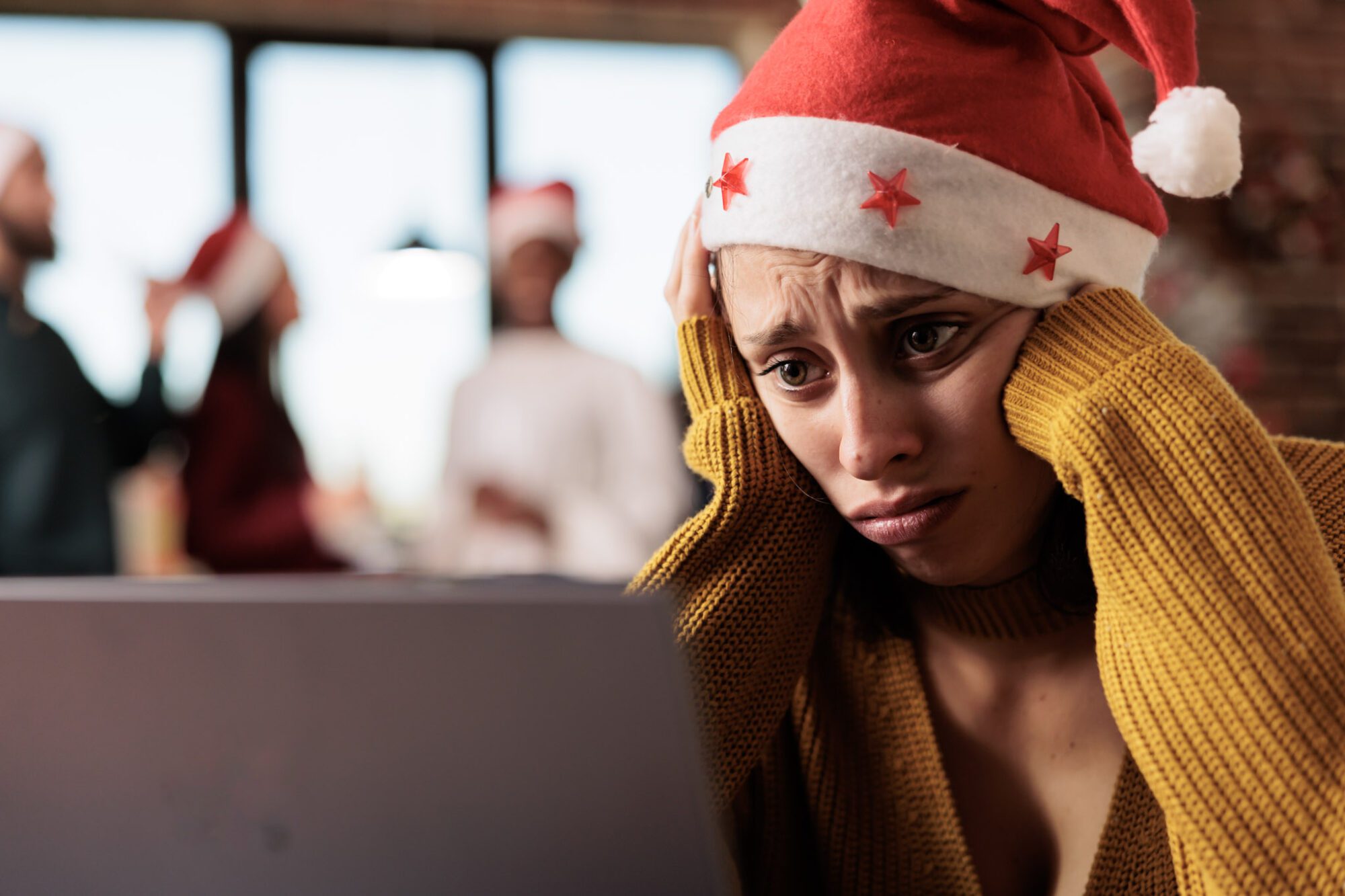 sad-unhappy-caucasian-woman-wearing-santa-hat-working-laptop-office ...